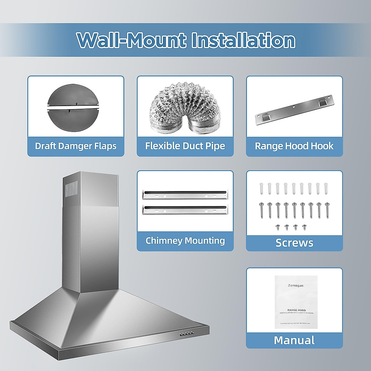Zomagas 24 Inch Range Hood, Wall Mount Vent Hood in Stainless Steel with Ducted/Ductless Convertible Duct, 3 Speed Exhaust Fan, Energy Saving LED Light, Push Button Control, 2 Pcs Baffle Filters