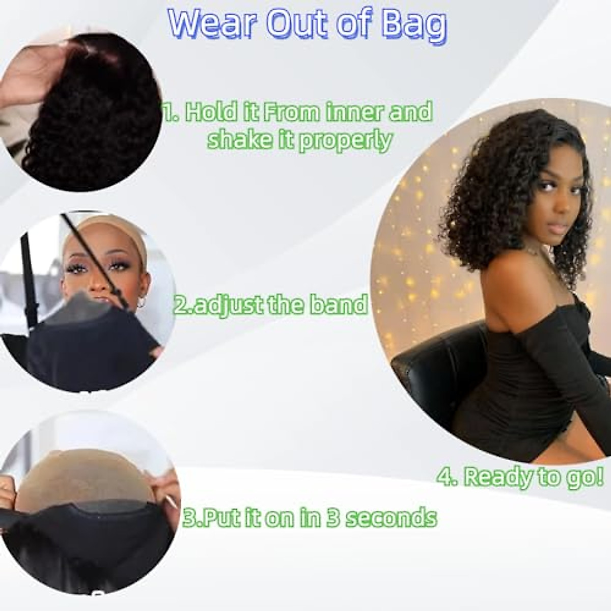 KeepMe 14 Inch Wear and Go Glueless Wigs Human Hair Pre Plucked Water Wave Bob Wig Human Hair Wigs 180% Density Glueless Wig Pre Cut Lace for Beginners 4x4 Lace Closure Wig for Women