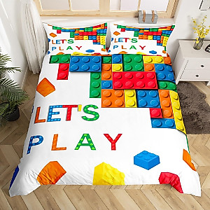 Feelyou Building Block Print Bedding Set Full Size Kids Brick Styles Comforter Cover Set for Boys Teens Colorful Duvet Cover Breathable Gaming Bedspread Cover Room Decor Quilt Cover