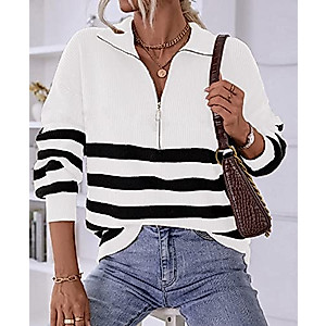 BTFBM Women 2023 Casual Long Sleeve Zip Striped Pullover Sweaters V Neck Collar Ribbed Knit Fall Winter Slouchy Jumpers (Striped White, Large)