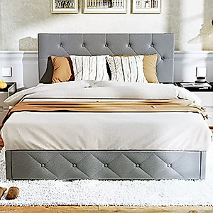 Fluest Queen Bed Frame with Headboard Storage Drawers of 4 Upholstered Bed Frame Platform Adjustable Headboard Wooden Slats Support/No Box Spring Needed/Easy Assembly/Mattress Foundation, Dark Grey