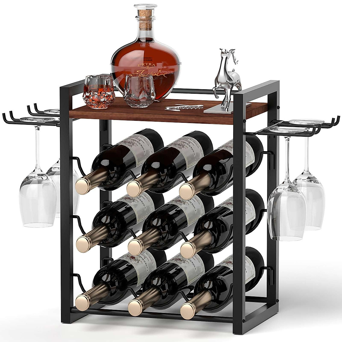 NANAGIFTREE Wine Rack Countertop, Wooden Wine Stand with Tray, Holds 9 Wine Bottles and 4 Glasses, Freestanding Wine Rack for Home, Kitchen, Bar, Wine Cellar