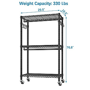 VIPEK V12 Rolling Clothes Rack Heavy Duty Clothing Rack for Hanging Clothes Adjustable Metal Wire Shelving Portable Closet with Wheels Side Hooks, Freestanding Closet Wardrobe, Medium Size, Black