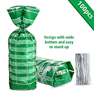 100 Pieces Football Field Plastic Cellophane Treat Bags Wide Bottom Heat Sealable Candy Bags Football Gift Bags with 100 Pieces Silver Twist Ties for Football Party Favor, 11 x 5 x 3 Inch