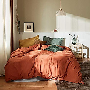 AMWAN Caramel Bedding Duvet Cover Full Queen Rust Color Comforter Cover 100% Washed Cotton Duvet Quilt Cover Brown Bedding Collection 1 Duvet Cover 2 Yellow/Green Pillowcases