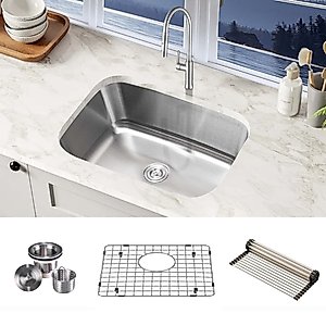 KABCO US607SSGR 30 Inch Stainless Steel Single Bowl Classic Kitchen Sink, Extra Thick 16 Gauge Undermount Rust, Sound and Heatproof Sink with Sink Strainer, Sink Grid and Rolling Up Grid