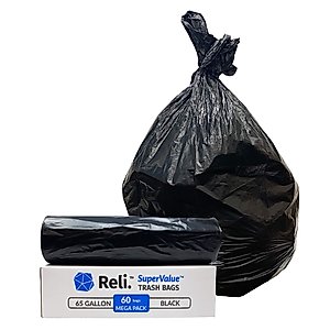 Reli. SuperValue 65 Gallon Trash Bags | 60 Count | Made in USA | Heavy Duty | Black Multi-Use Garbage Bags