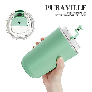 Puraville Insulated Tumblers with Lid, 14 oz Travel Coffee Mug Stainless Steel Vacuum Cup, Leak Proof Reusable Double Walled Coffee Tumbler for Iced and Hot Drinks, Green