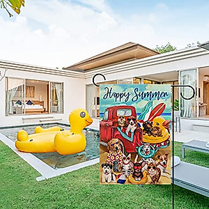 Covido Happy Summer Red Truck Coastal Decorative Garden Flag, Dogs Beach Yard Nautical Outside Decoration, Ocean Outdoor Small Burlap Home Decor Double Sided 12 x 18