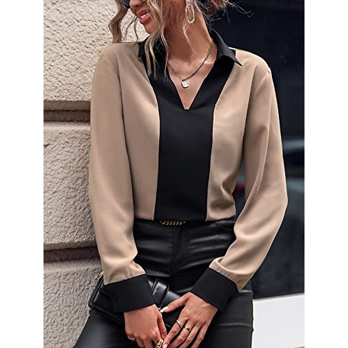 SweatyRocks Women's Color Block Long Sleeve Collar V Neck Shirt Casual Office Work Pullover Blouse Top Apricot S