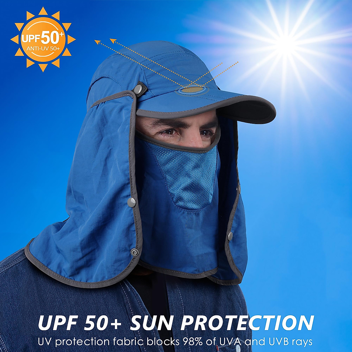 GADIEMKENSD Foldable Fishing Sun Hat with Neck Flap Face Cover UPF 50+ Sun Protection Quick Dry Baseball Cap Adjustment Covering Removable Legion Hat for Fishing Gardening Hiking Farming Blue