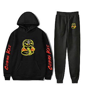 RONGJUN Unisex Cobra Hoodie Pants Karate Kid Hooded Sweater Sweatpants 2 Piece Casual Sports Set (Large, Black 1)