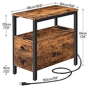 HOOBRO End Table with Charging Station, Narrow Side Table with 2 Drawer & USB Ports & Power Outlets, Nightstand for Small Spaces, for Living Room, Bedroom, Rustic Brown and Black BF541BZ01