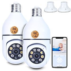 Light Bulb Camera, 2 Pack Light Bulb Security Camera, Light Socket Security Camera with Night Vision, Motion Detection and Phone APP, Wireless Surveillance Camera for Home Office