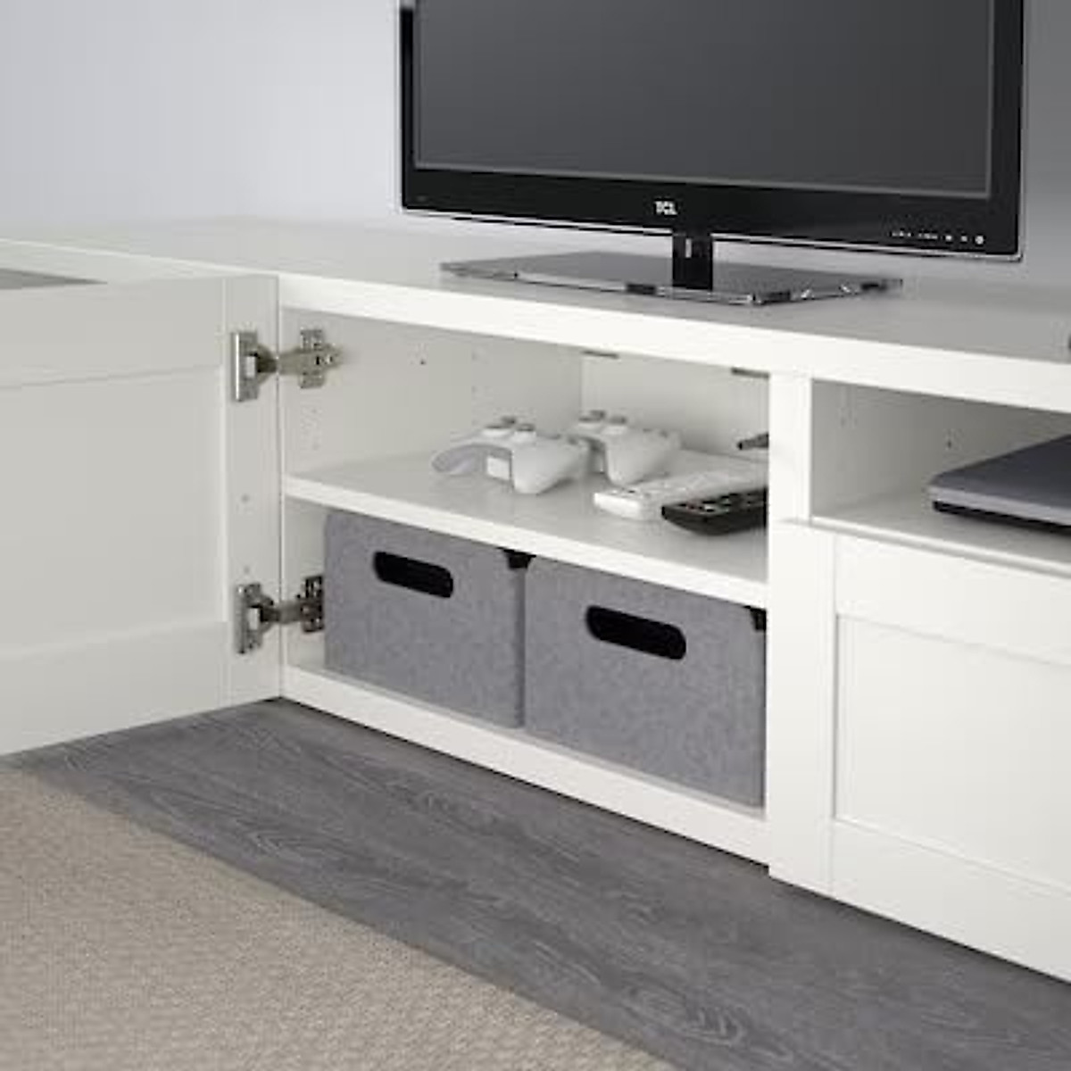 TV Unit with Drawers and Door,Walnut Effect Light Gray/Selsviken high-Gloss/White, 70 7/8x16 1/2x15 3/8 "