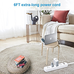 Flat Plug Power Strip, Surge Protector with 6 Ft Extension Cord, 4 Outlets, 15A ,125V, 1875W,300 J, Wall Mounted Power Strip for Home, Office, White