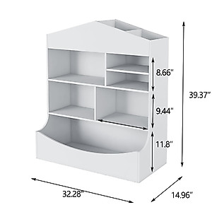 RASOO Kids Bookshelf with Storage Toy Storage Organizer with Bookcase, 4-Tier Freestanding Open Multi-Bins Toys&Books Display Organizer for Playroom, Bedroom, Nursery, School, White