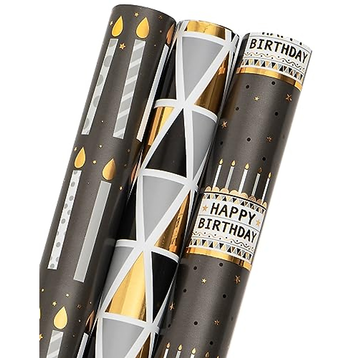 MAYPLUSS Birthday Wrapping Paper Roll - Mini Roll - 17 inch X 120 inch Per roll -Black with Gold Foil Design (42.3 sq.ft.ttl)