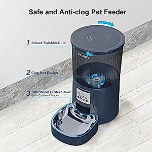 KESTERRA Automatic Cat Feeder, 4L Auto Dry Food Dispenser Small Dog Pet Feeder with 4 Meals Per Day Programmable Timed, 10s Voice Recorder, Twist Lock Lid, Stainless Steel Bowl, Dual Power Supply Blue