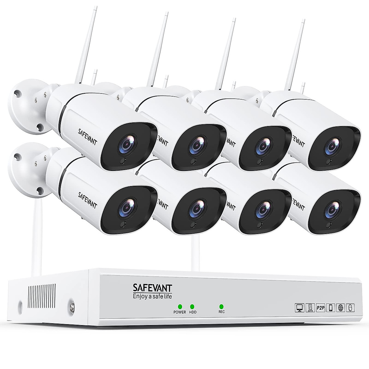 SAFEVANT 8 Channel Wireless 3MP IP Camera System with Night Vision and Motion Detection, 4TB Storage, WiFi, Indoor/Outdoor Use
