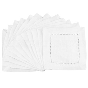 CleverDelights 6" White Linen Hemstitch Cocktail Napkins - 12 Pack - 100% Linen