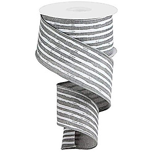 Grey & White Vertical Stripe Wired Edge Ribbon - 10 Yards (2.5")