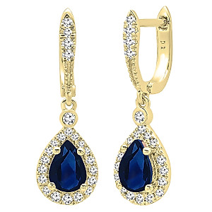 Dazzlingrock Collection Each 7X5 MM Pear Blue Sapphire & Round White Diamond Teardrop Halo Dangling Earring, 18K Yellow Gold