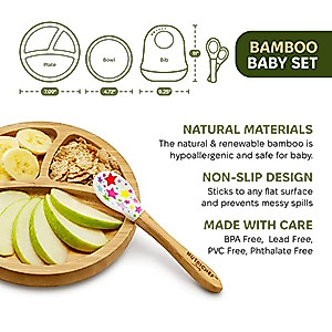 Nutrichef Baby and Toddler, 3 Compartment Plate, Bowl, and Spoon Feeding Set- Silicon Suction, Non-Toxic All Natural Bamboo Baby Food Plate with Silicon Bib
