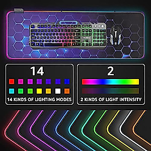 Speed RGB Gaming Mouse Pad, Non-Slip Rubber Base, Soft Glowing 14 LED Modes Gaming Desk Keyboard Pad Mat (6 : Blue Hexagon 78 x 30 Cm)