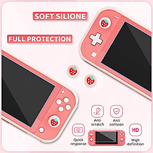 RHOTALL Carrying Case for Nintendo Switch Lite, Cute Case Cover Accessories Bundle for Switch Lite with TPU Protective Shell, Adjustable Shoulder Strap, Screen Protector and 2 Thumb Caps - Strawberry