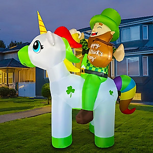 BLOWOUT FUN 6ft Inflatable St Patricks Day Leprechaun Riding Unicorn Decoration LED Blow Up Lighted Decor Indoor Outdoor Holiday Art Decor