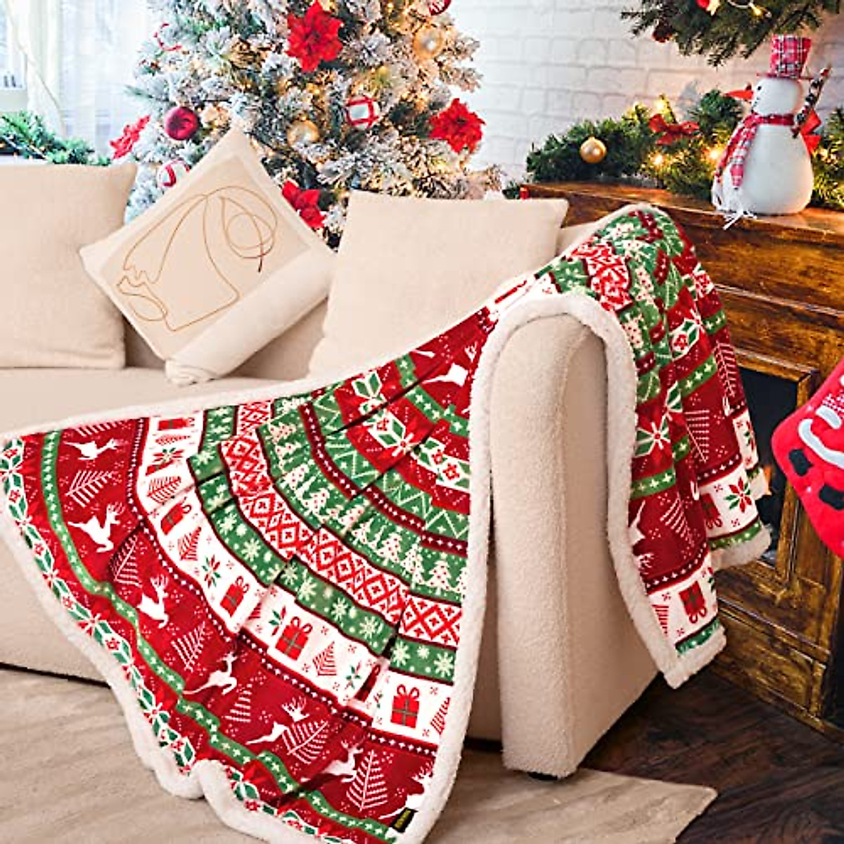 inhand Christmas Blankets and Throws, Holiday Throw Blanket for Couch Soft, Christmas Snow Moose Fleece Sherpa Throw Blanket, Thick Winter Warm Cozy Flannel Deer Blanket (50X60 Inches , Red)