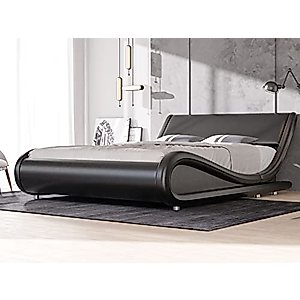 Einfach Queen Size Bed Frame with Ergonomic Adjustable Headboard, Faux Leather Upholstered Low Platform Bed with Curved Design, Sturdy Wooden Slats Support, No Box Spring Needed, Black