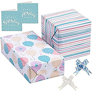 LeZakaa Birthday Wrapping Paper Set with Gift Tags & Pull Bows - Balloon & Stripe for Gift Wrap, Arts Crafts - 19.68" x 27.55" x 2 Sheets