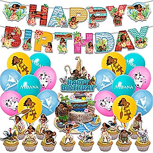 Moana Theme Party Supplies Include Happy Birthday Banner, Cupcake Topper Decoration,Moana Z Balloons, Moana Birthday Party Decoration for Girls…
