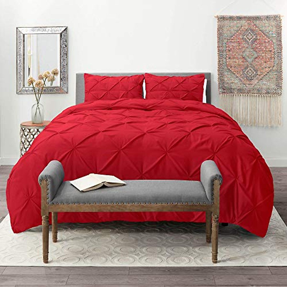 Nestl Red Duvet Cover Queen Size - Pintuck Queen Duvet Cover Set, 3 Piece Double Brushed Duvet Covers with Button Closure, 1 Pinch Pleated Duvet Cover 90x90 inches and 2 Pillow Shams