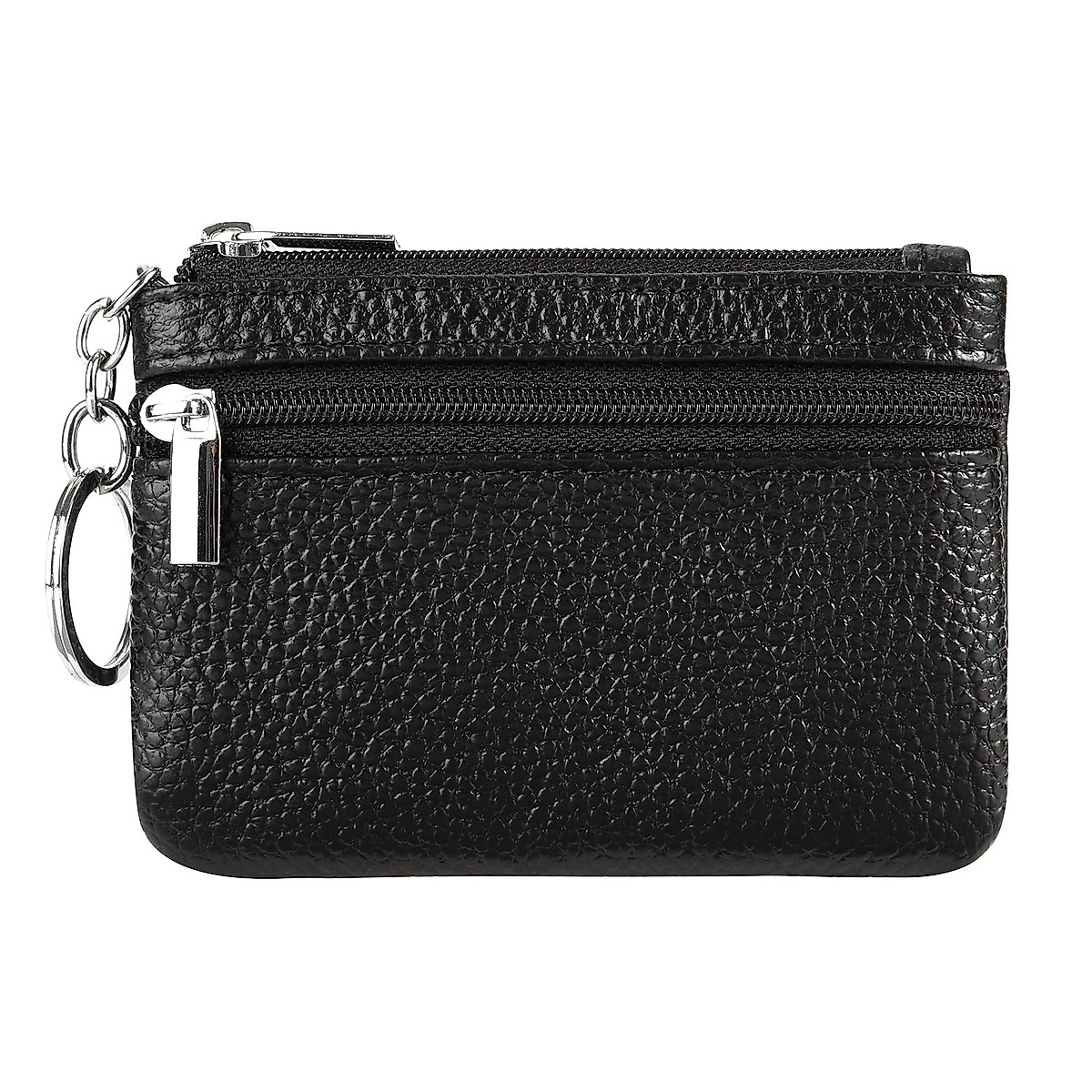 Women Genuine Leather Keychain Zipper Change Wallet Small Mini Pocket Size Coin Purse, Black