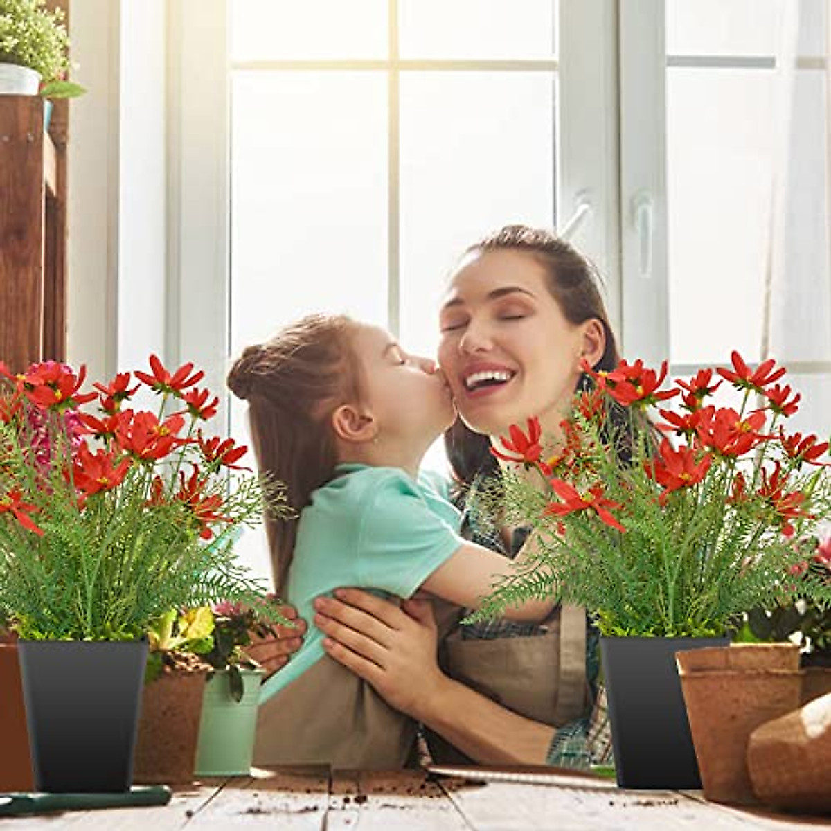 Luxsego Silk Artificial Flowers Coreopsis Faux Flowers, Potted Floral Decor for Garden, Wedding, Office Table Decor Gifts Idea for Her or Him, Decorative Home Accessories(16.7in, Red)