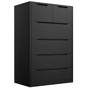 EnHomee Dresser for Bedroom, Dresser with 6 Wood Drawers, Black Dresser and Tall Dresser with Large Organizer, Wood Dressers & Chests of Drawers with Smooth Metal Rail, Black
