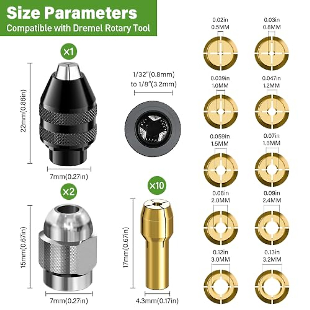 Drill Chuck Collet Set for Dremel, 15PCS Chuck Collet Kit, 0.8-3.2mm Shank Replacement 4486 Rotary Tool Keyless Quick Change Chuck Accessory with Replacement 4485 Brass Collet Metal Nut