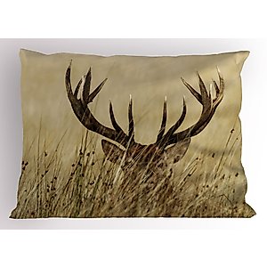 Lunarable Antler Pillow Sham, Whitetail Deer Fawn in Wilderness Stag in Countryside Rural Hunting Theme, Decorative Standard Size Printed Pillowcase, 26" X 20", Sand Brown