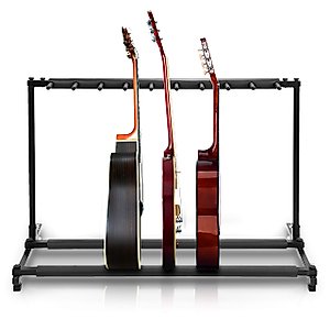 Pyle 9-Space Foldable Universal Multi Guitar Stand - Guitar Stand Portable Collapsible Instrument Floor Guitar Rack Holder w/ Foam Padding - For Acoustic, Electric, Bass Guitar & Guitar Bag / Case