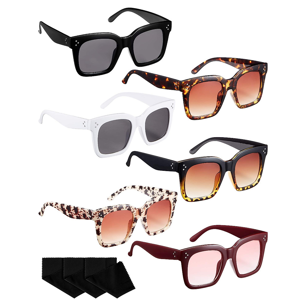 6 Pairs Oversized Sunglasses Vintage Retro Square Frame Sunglasses with Flat Lens and 3 Pieces Glass Cloths