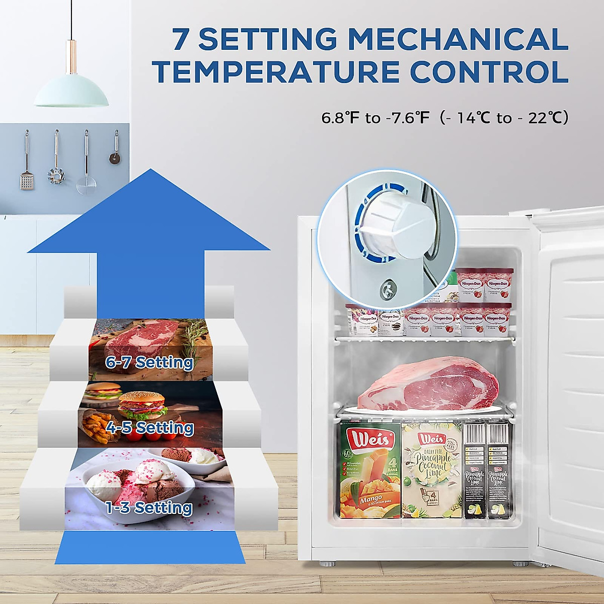Kismile Compact Upright Freezer with Reversible Single Door,Removable Shelves Mini Freezer with Adjustable Thermostat for Home/Kitchen/Office (2.1 Cu.ft, White)