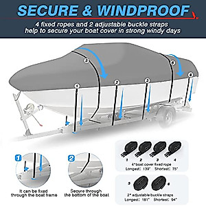 MICTUNING Boat Cover 17-19FT 210D Waterproof Heavy Duty Boat Cover UV Resistant Cover with Adjustable Fixing Straps for V-Hull,Fish&Ski,Pro-Style,Fishing Boat etc