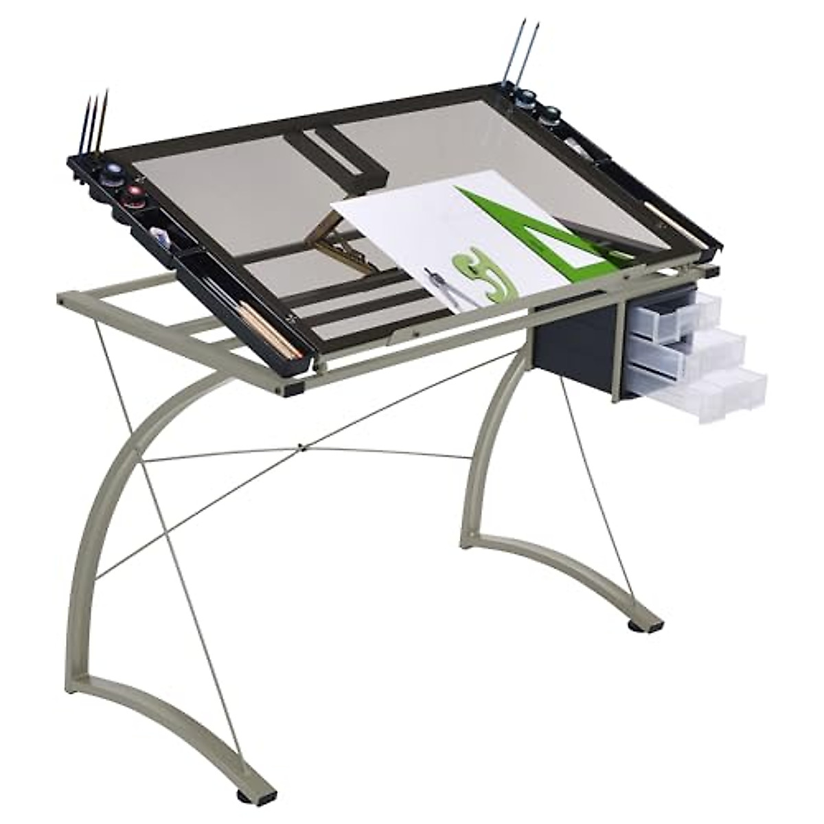 Coaster Home Furnishings Melo Modern Drafting Table for Office Drawing Desk Adjustable Angle Top Smoked Tempered Glass Top with Reversible Drawers Steel Frame Silver 800986