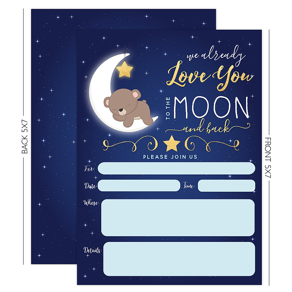 Your Main Event Prints Moon Bear Baby Shower Invites, 20 Count, 5x7, Blue, Premium Heavy-weight Card Stock