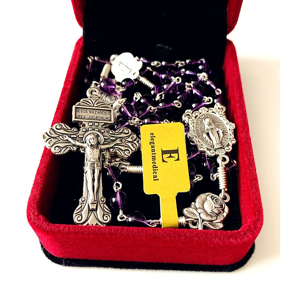 elegantmedical Handmade Catholic Amethyst Beads Our Lady of Grace Rosary Cross Crucifix Necklace Gift Box (Amethyst)