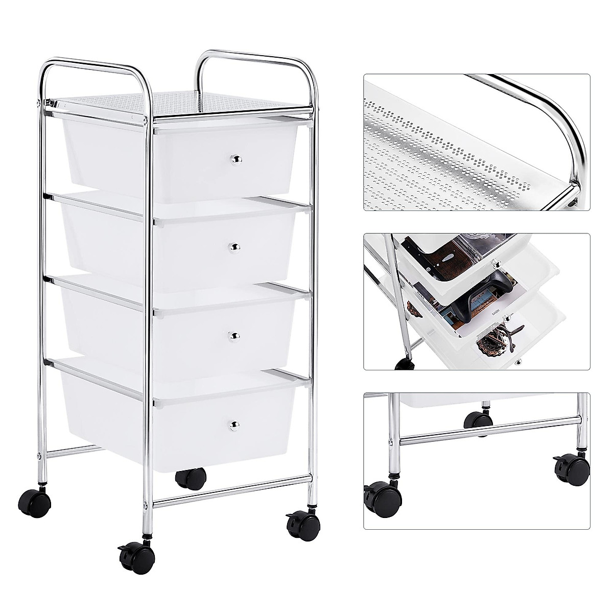 Yaheetech 4 Drawers Rolling Storage Cart and Organizer Metal Frame Plastic Storage Bins with Drawers Plastic Trolley Organizer on Wheels Plastic Craft Storage Container Rolling Bin Set 2, White