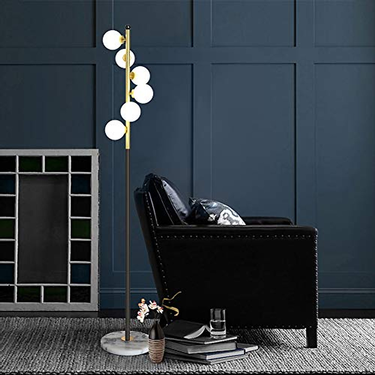 Hsyile Lighting KU300205 White Glass Shade and Marble Base Elegant Modern Creative Floor Lamp for Living Room,Bedroom,Office,6 Lights